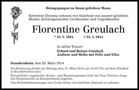 Traueranzeigen Von Florentine Greulach Rz Trauerde