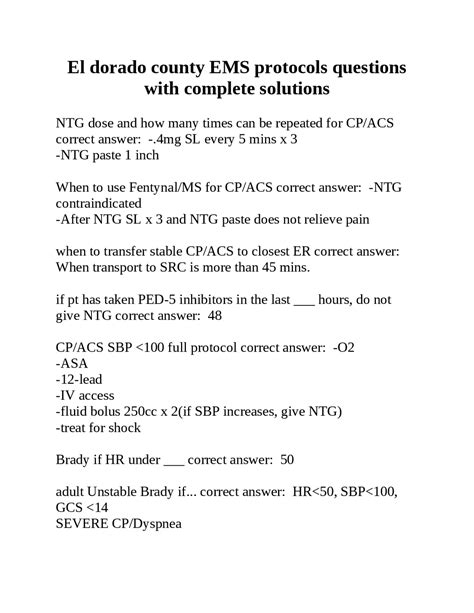 El Dorado County Ems Protocols Questions With Complete Solutions