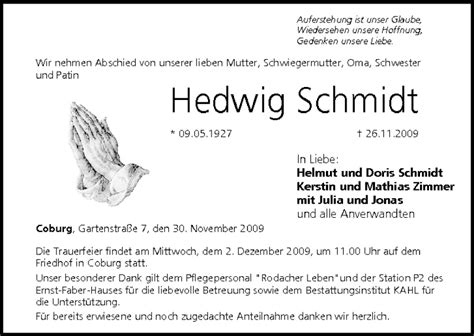 Hedwig Schmidt Traueranzeige Frankende