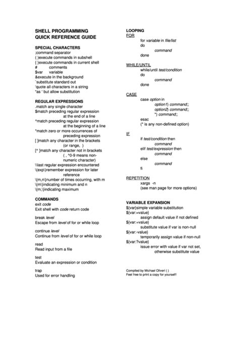 Shell Programming Quick Reference Guide Printable Pdf Download