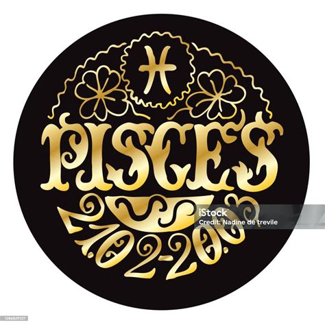조디악 기호 물고기자리 아르 데코 스타일의 별자리 벡터 일러스트레이션 골드 핸드 레터링라운드 블랙 백 이 구성은 꽃 장식으로 장식되어 있습니다 천문학 적 데이터 0명에 대한