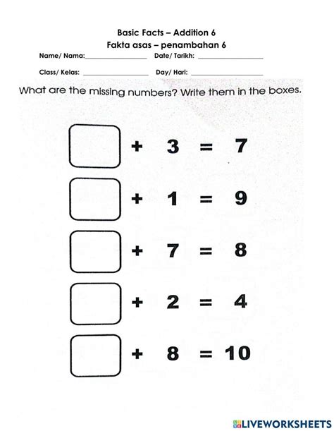 Basic Facts Addition 6 Worksheet Live Worksheets
