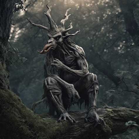 A Man With Horns Sitting On A Tree Branch In The Woods Seaart Ai