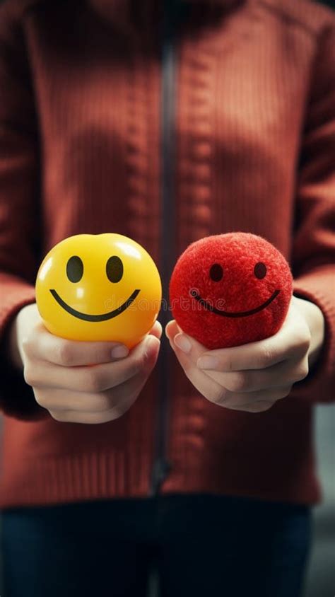 Feedback Concept Couple Holds Red And Yellow Smiley Faces Closeup Stock Illustration