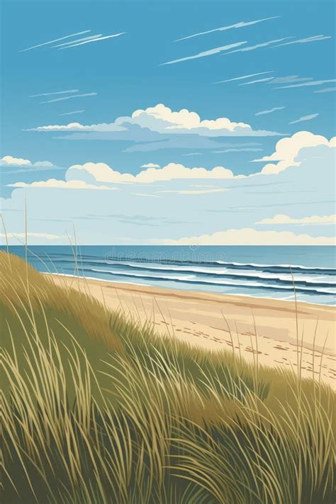 An Illustration Of A Beach With Grass And Waves Stock Illustration
