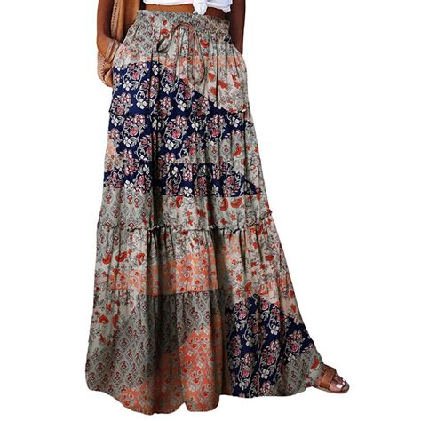Brdfrl Maxi Skirt For Women Floral Boho Flowy Pleated Tiered Ruffle