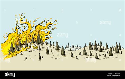A Cartoon Of A Fierce Wildfire Spreading Over A Dry Parched Drought