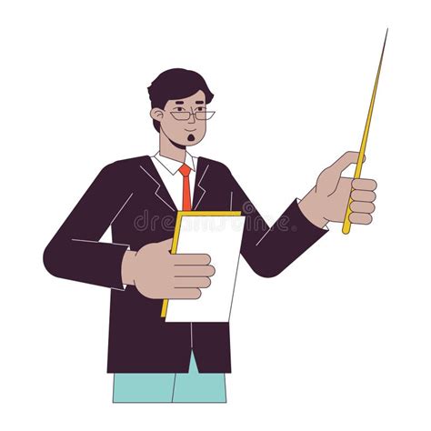 Classroom Adult Teacher Holding Pointer Stick Flat Line Color Vector Character Stock Vector