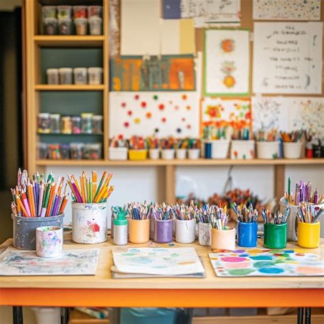 A Visual Of A Classroom Art Station With Supplies Like Markers Clay And