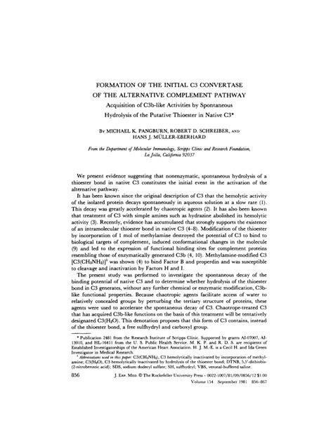 Pdf Formation Of The Initial C3 Convertase Of The Alternative