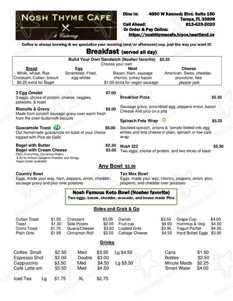 Menu At Nosh Thyme Cafe Tampa