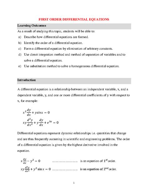Lesson 9 First Order Differential Equations First Order Differential