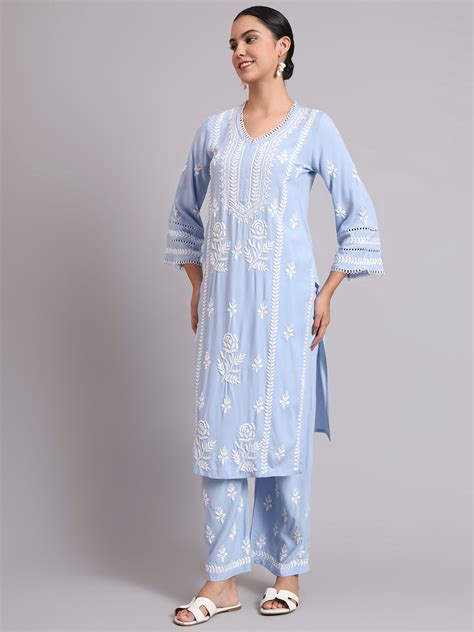 Women Hand Embroidered Lucknowi Chikankari Rayon Kurta Set Al4078ks De