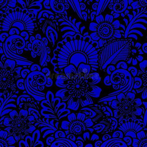Seamless Floral Black And Blue Pattern Of Stylized Elements Texture