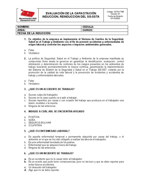 Ssta Ft08 Evaluación Inducción Del Ssta V01 Pdf