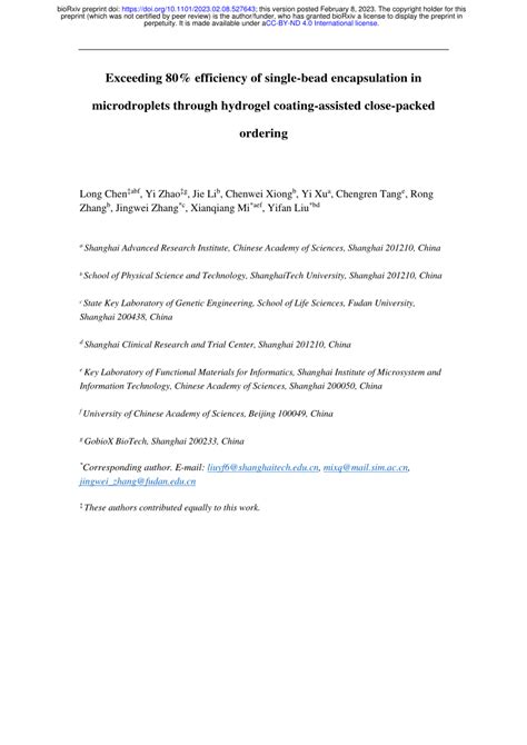 Pdf Exceeding 80 Efficiency Of Single Bead Encapsulation In Microdroplets Through Hydrogel