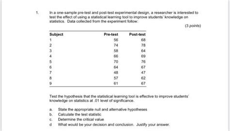 Solved 1 In A One Sample Pre Test And Post Test Experimental