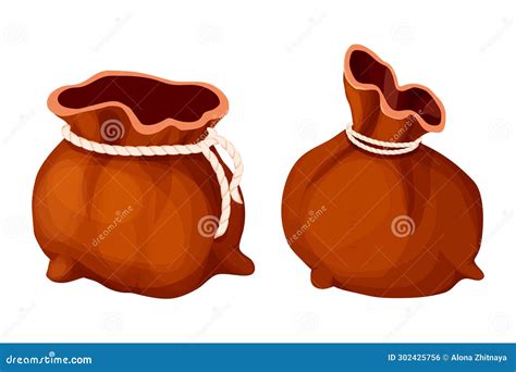 Bag Empty Sack Set With Rope In Cartoon Style Isolated On White Background Game Asset