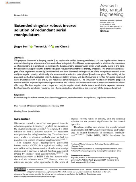 Pdf Extended Singular Robust Inverse Solution Of Redundant Serial Manipulators