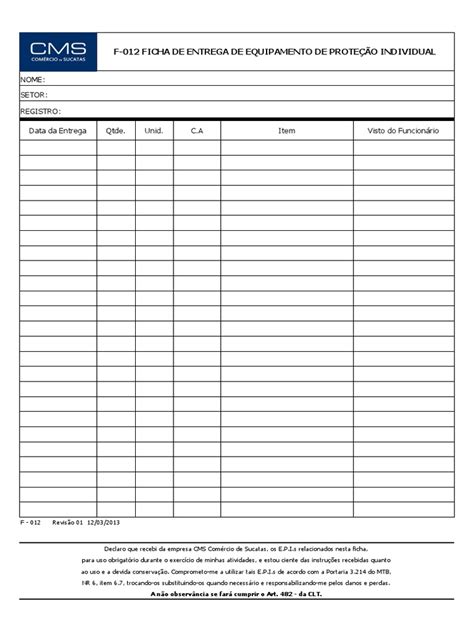 F 012 Ficha De Entrega De Equipamento De Proteção Individual Epis Pdf