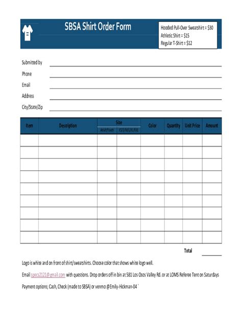 Fillable Online Sbsa Shirt Order Form Fax Email Print Pdffiller