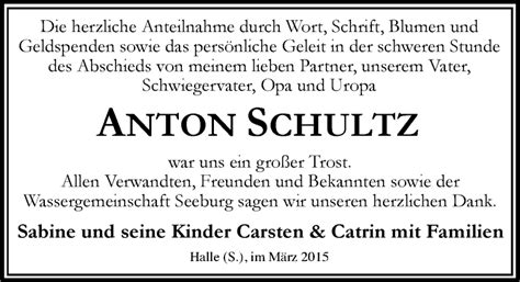 Traueranzeigen Von Anton Schultz Abschied Nehmende