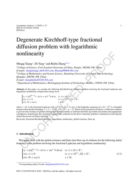 Pdf Degenerate Kirchhoff Type Fractional Diffusion Problem With Logarithmic Nonlinearity