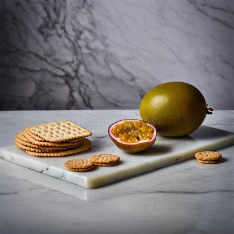 Passion Fruit On A Marble Serving Board With A Cheese Spreader And Crackers Stock Illustration