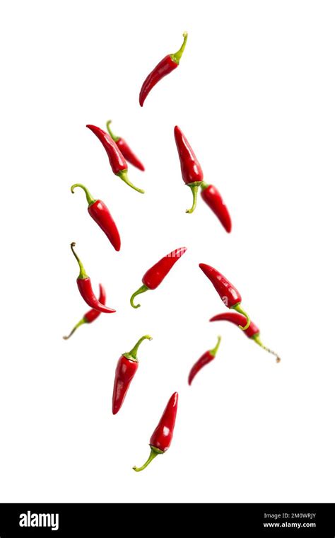 Fresh Red Chilli Peppers Floating In The Air Food Levitation Falling