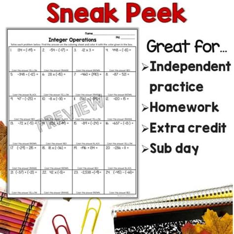 Integer Operations Color By Number Activity Add Subtract Multiply