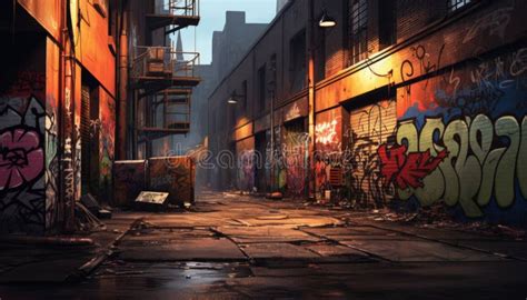 A Narrow Alleyway With Vibrant Graffiti And A Visible Fire Escape Stock