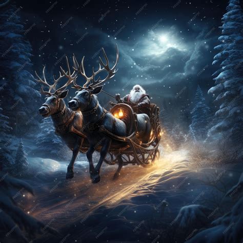 Santa Claus On His Sleigh Pulled By Two Reindeer Flying In A Night Sky