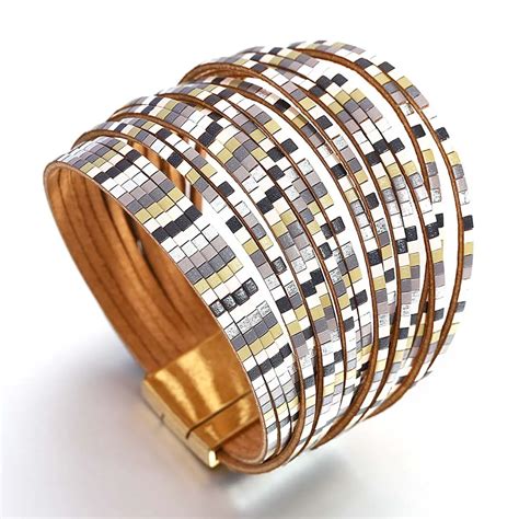 Allyes Fashion Mosaic Plaid Wrap Leather Bracelets Boho Charm
