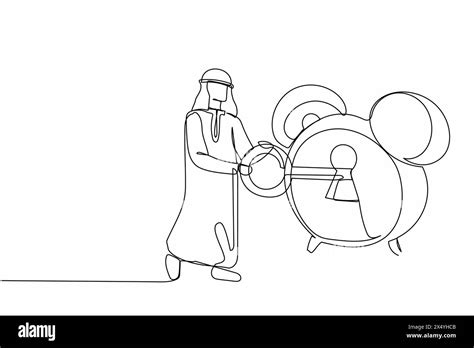 Single Continuous Line Drawing Arabian Businessman Putting Big Key Into