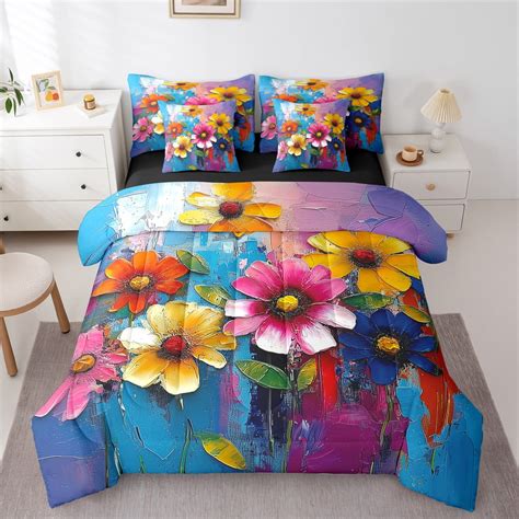 Manfei Rainbow Daisy Flower Bedding Comforter Set 7 Piecesoil Painting