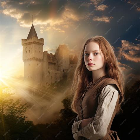 Premium Photo A Girl In Front Of A Castle With A Sunset In The Background