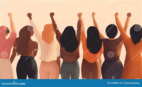 Diverse Women Standing Together Holding Hands And Raising Them Up In