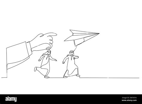 Cartoon Of Arab Businessman Run To Paper Plan Metaphor For Follow Instruction Continuous Line