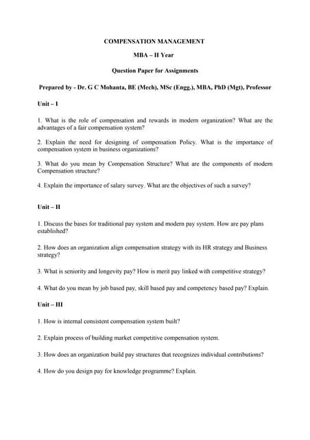 Compensation Management Question Paper For Assignments Doc