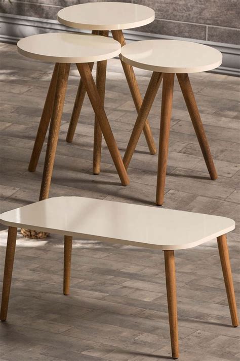 Cream White Table Set With 4 Pcs Rectangular Coffee Table Set Of 3 Modern Round Nesting Coffee