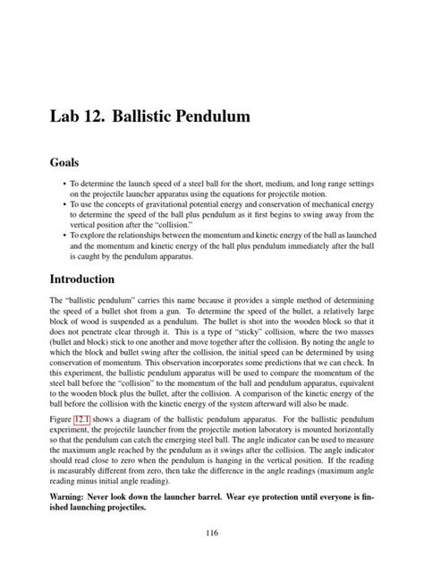 201 Lab 12 Ballistic Pendulum Pdf Momentum Collision
