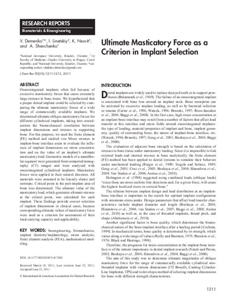 Pdf Ultimate Masticatory Force As A Criterion In Implant Selection