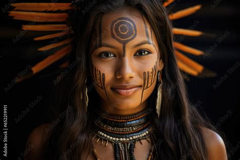 Indigenous Brazilian Young Woman Portrait Of Guarani Ethnicity Stock