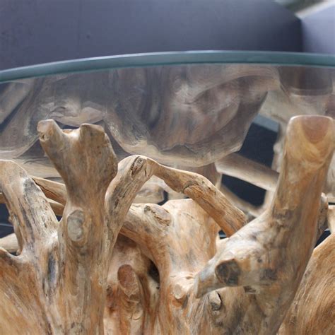 Organic Teak Root Glass Top Dining Table Unique Handmade Uneeka