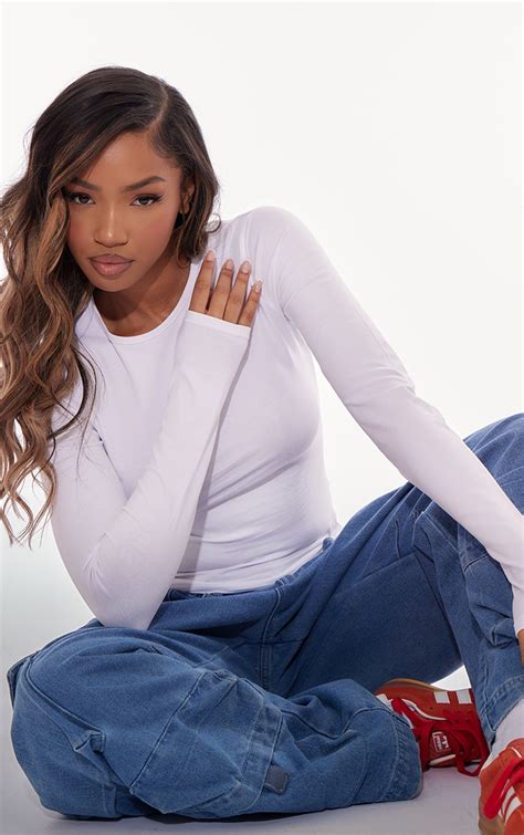 White Basic Cotton Long Sleeve Fitted T Shirt Tops Plt