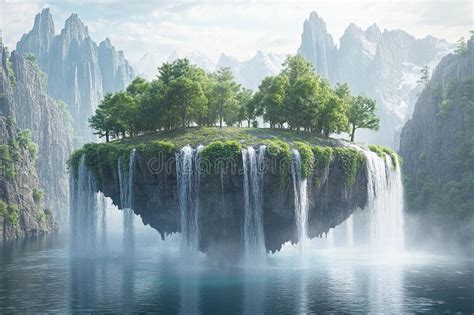 Majestic Floating Island With Waterfalls Cascading Into Misty Clouds At