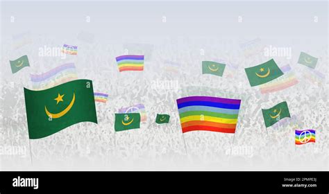 People Waving Peace Flags And Flags Of Mauritania Illustration Of