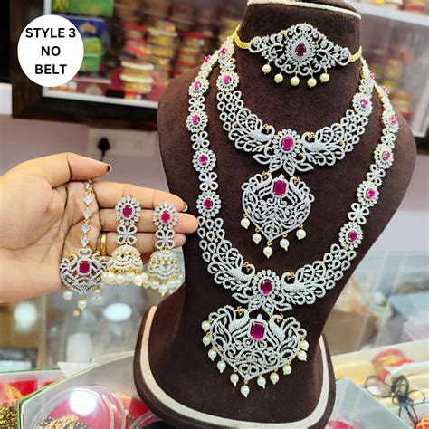 American Diamond Necklace Long Haar Hipbelt Mangtika Bridal Set Cz