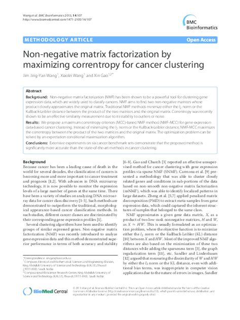 Pdf Non Negative Matrix Factorization By Maximizing Correntropy For Cancer Clustering Cindy