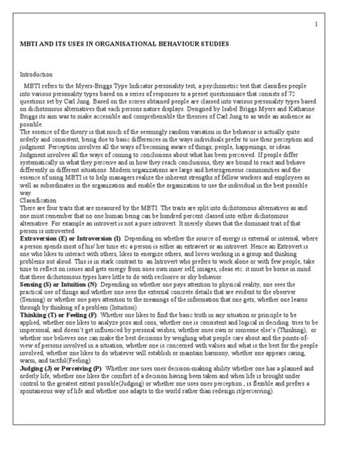 Assignment On Mbti Pdf Extraversion And Introversion Personality Type